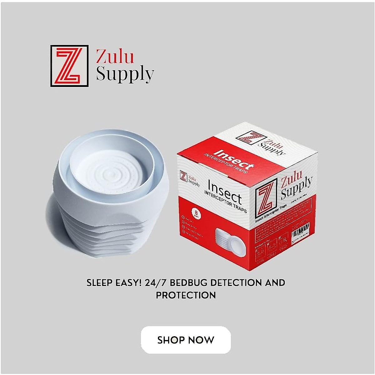 Zulu Supply Bed Bug Interceptors, Traps, 8 Pack, Bedbug Monitor, Insect Detector for Bed Legs or Furniture (White 8-Pack)