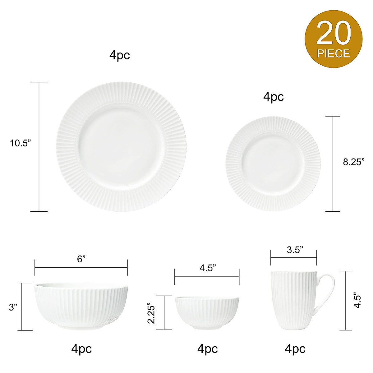 Bone China 20 Piece Dinnerware Set Dishes, Service for 4, White Embossed stripe, Microwave Safe, Chip Resistant, Kitchen Set, Essential Home, Formal, Everyday Living, Translucent, Elegant giftware