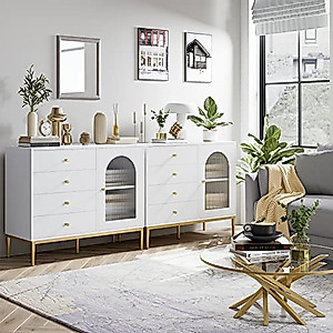 finetones White Dresser, Modern Dresser White and Gold Dresser with Waveform Glass Door and Gold Metal Legs, Gold Dresser Storage Chest of Drawers for Home