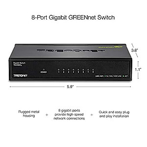 TRENDnet 8-Port Gigabit GREENnet Switch, Ethernet Network Switch, TEG-S82G, 8 x 10-100-1000 Mbps Gigabit Ethernet Ports, Ethernet Splitter, 16 Gbps, Metal, Lifetime Protection, Black