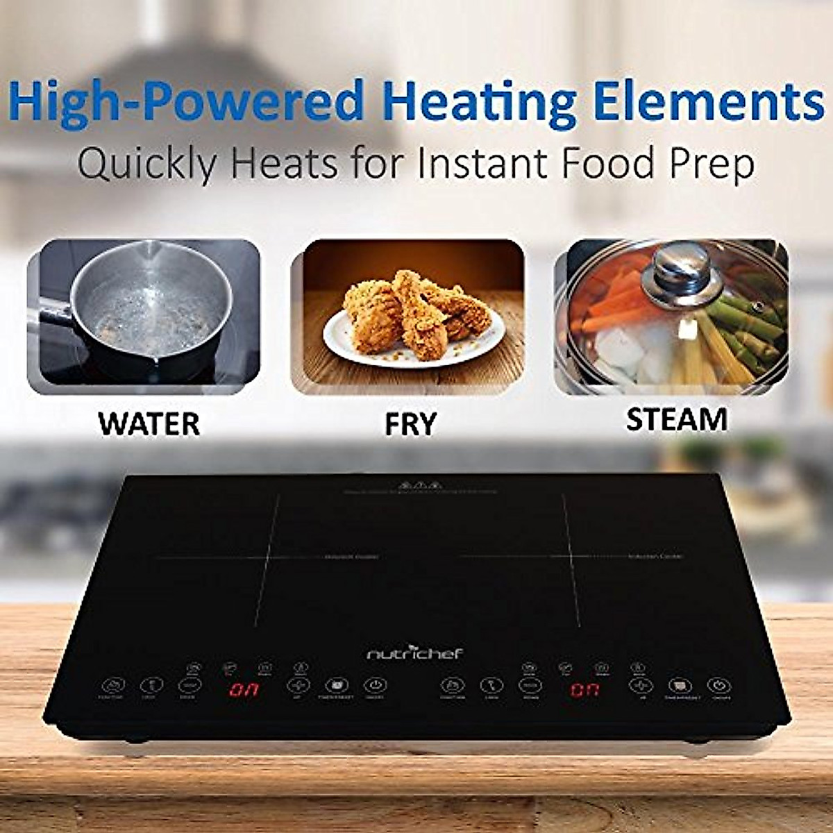 NutriChef Double Induction Cooktop - Portable 120V Digital Ceramic Dual Burner w/ Kids Safety Lock - Works with Flat Cast Iron Pan,1800 Watt,Touch Sensor Control, 12 Controls - PKSTIND48, Black