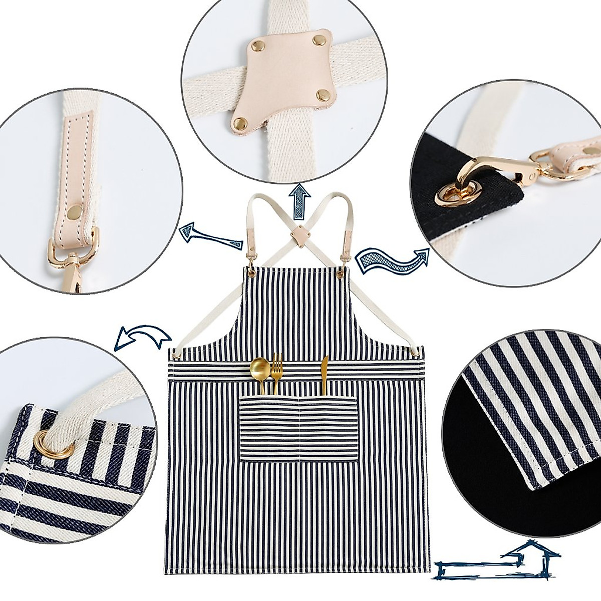 Jeanerlor Canvas Heavy Duty Work apron With Pockets Adjustable M to XXXL for Men Double-sided (striped and black) + Cross-Back Straps.