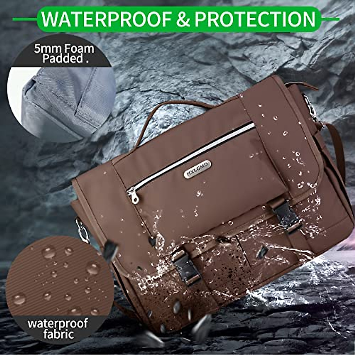 HXLGMD Messenger Bag for Men Women 15.6-17 Inch Laptop Briefcase Water-resistant Computer Shoulder Bag with Water Bottle Pocket, Large Crossbody Satchel Bag Work School Travel, Brown…