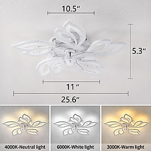 haodengshi 25" Modern Ceiling Fan with Lights and Remote Control, White Geometric Ceiling Fan with Lights, 3 Light Color 6 Speeds Flush Mount Low Profile Ceiling Fan for Bedroom Kitchen