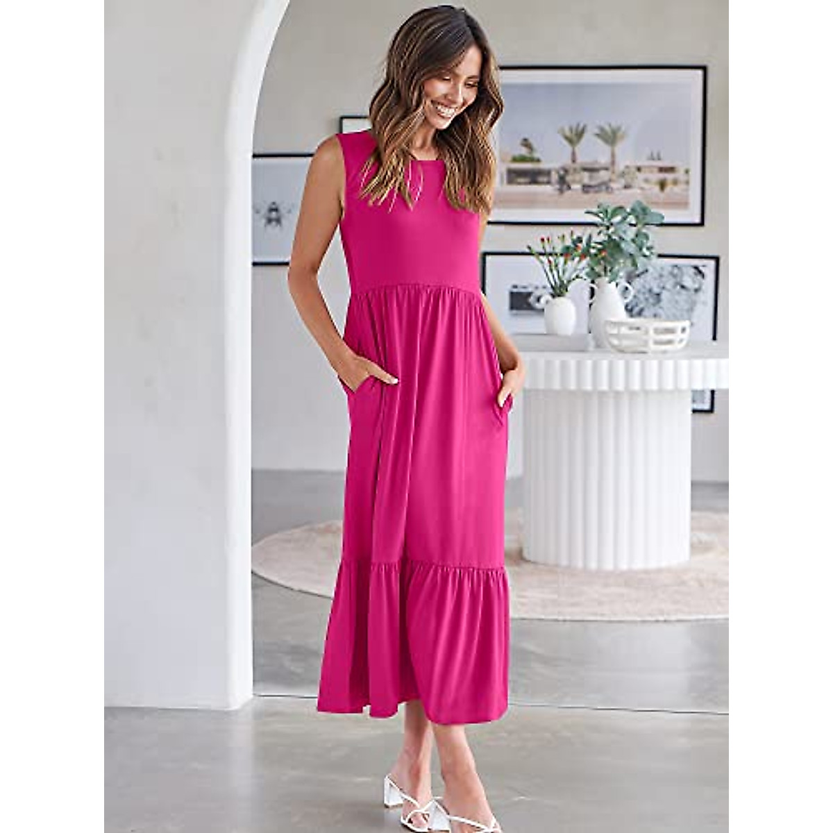 ANRABESS Women's Summer Casual Sleeveless Crewneck Swing Sundress Fit & Flare Flowy Tiered Maxi Dress with Pockets 499shenmeihong-XL Rose