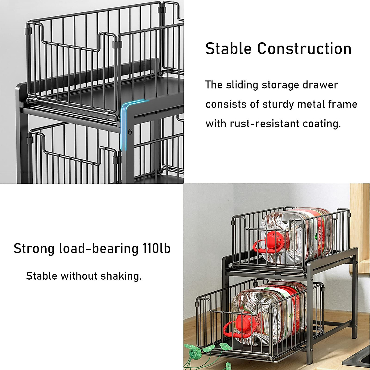 FULE KEJI 2 Tier Under Sink Organizer and Storage Pull Out Drawer Sliding Basket,Stackable Sink Under the Cabinet Organizer Storage Basket,for Bathroom Kitchen Cabinet Office Countertops
