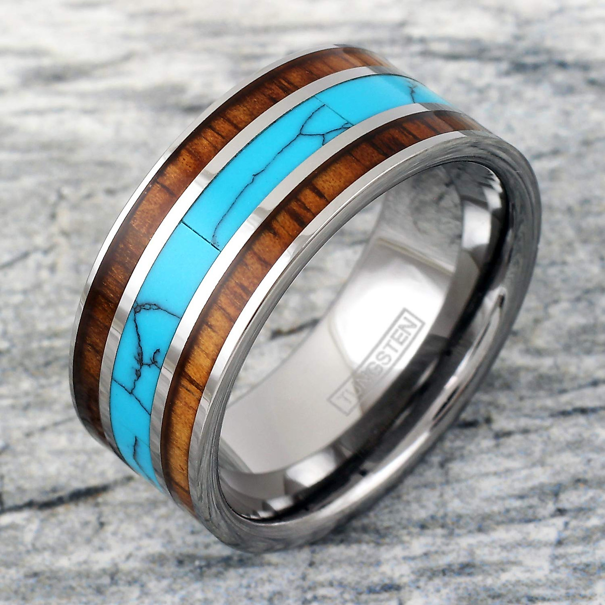 King's Cross Magnificent X-Wide 10mm Mirror Polished Silver Tungsten Carbide Band Ring w/Blue Turquoise Inlay Between 2 Koa Wood Inlays. (Tungsten (10mm), 9)