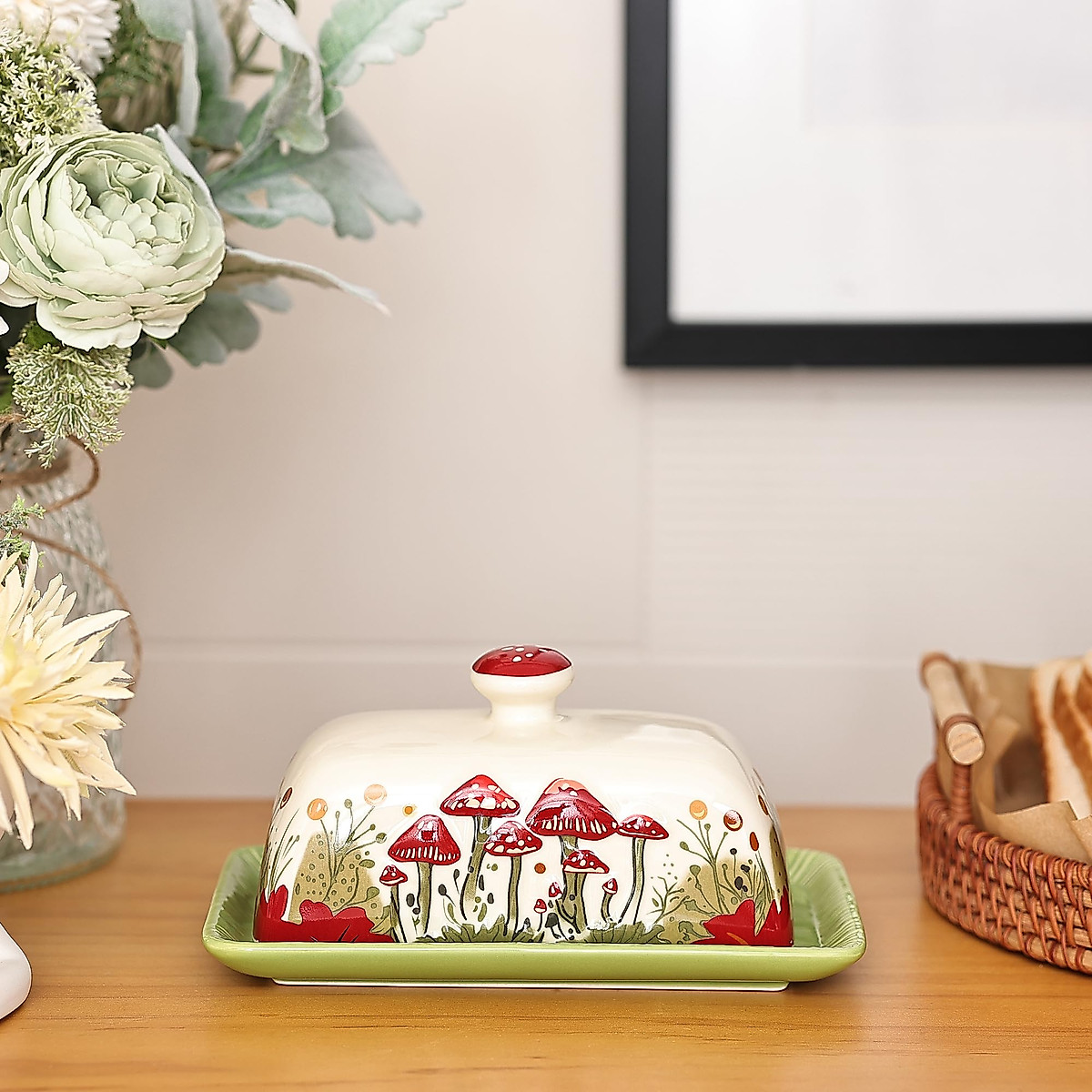Fungi Fun Mushroom Butter Dish With Lid For Countertop Ceramic Butterdish, Red Mushroom Butter Container, Butter Tray Large Butter Dish Covered (White, Standard)