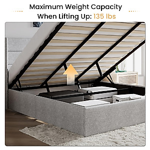 SHA CERLIN King Size Lift Up Storage Bed/Modern Wingback Headboard/Upholstered Platform Bed Frame/Hydraulic Storage/No Box Spring Needed/Wood Slats Support/Light Grey