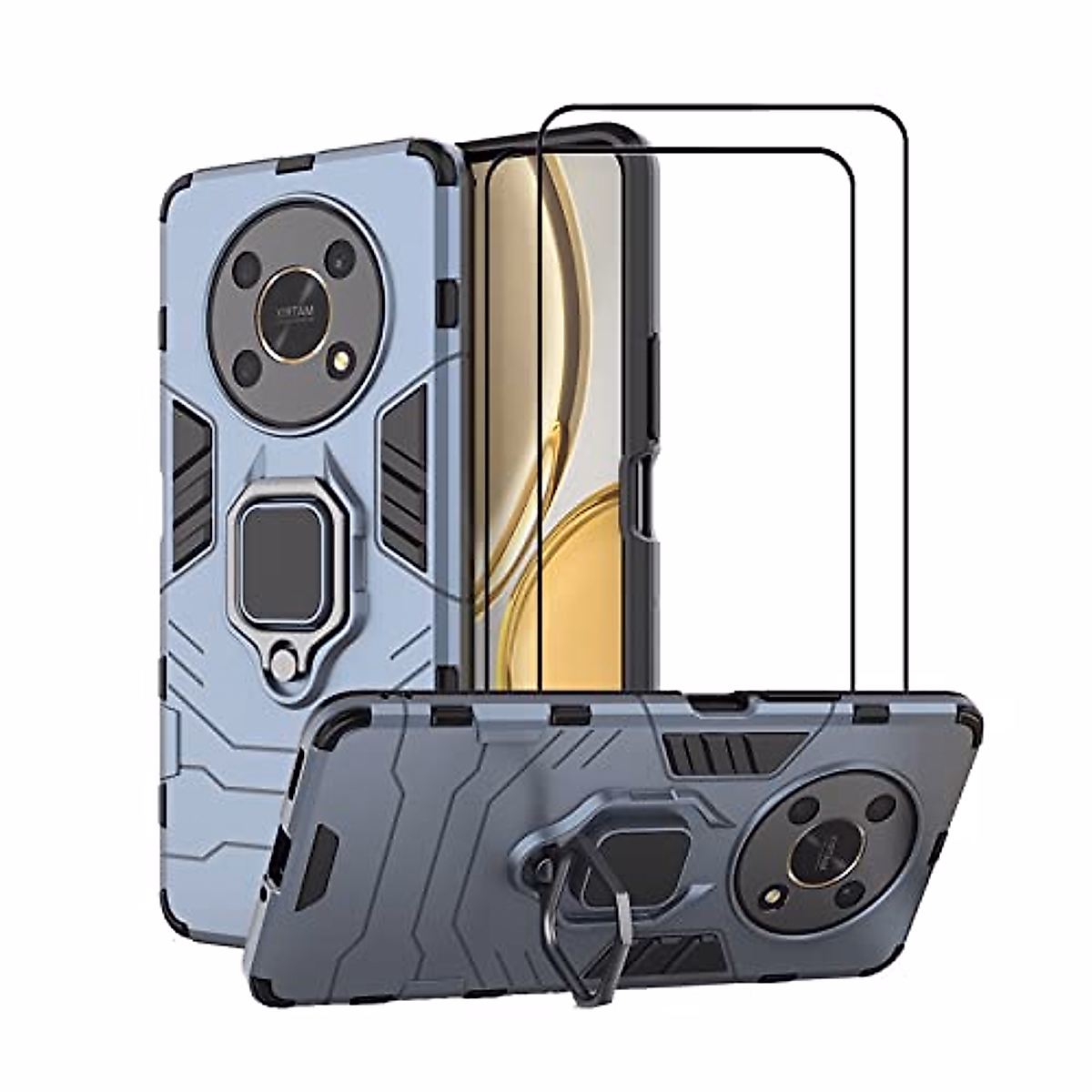 Compatible with Honor X9 Case Kickstand with Tempered Glass Screen Protector [2 Pieces], Hybrid Heavy Duty Armor Dual Layer Anti-Scratch Phone Case Cover, Blue