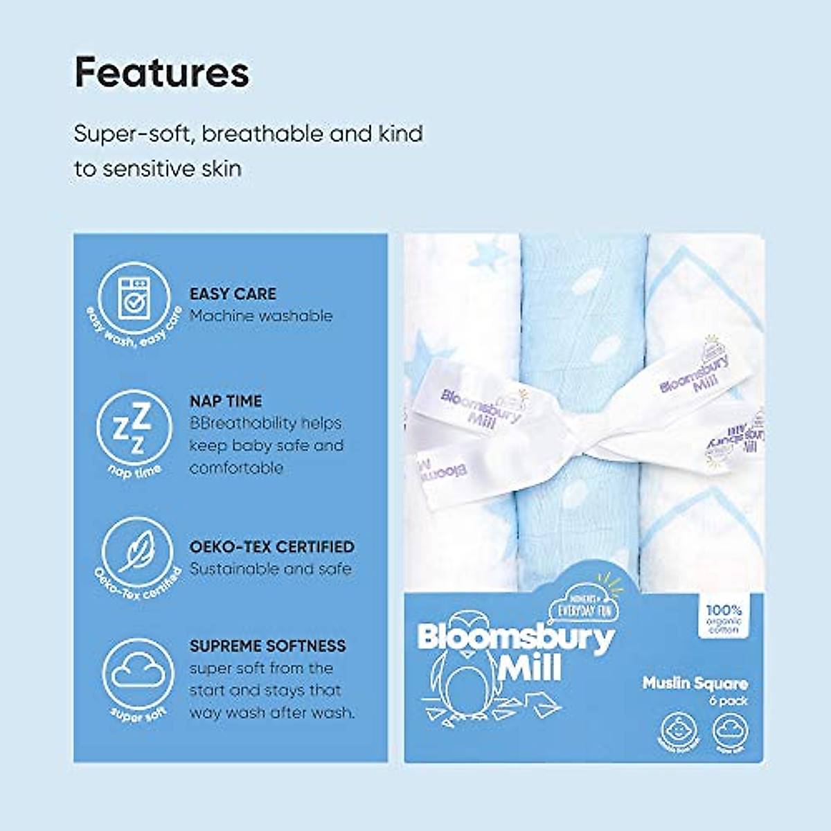 Bloomsbury Mill - Pack of 6 Super Soft Muslin Receiving Blankets - 100% Certified Organic Cotton in Gifting Ribbon Stars, Chevrons & Polka Dots Designs - Blue & White - 28" x 28"