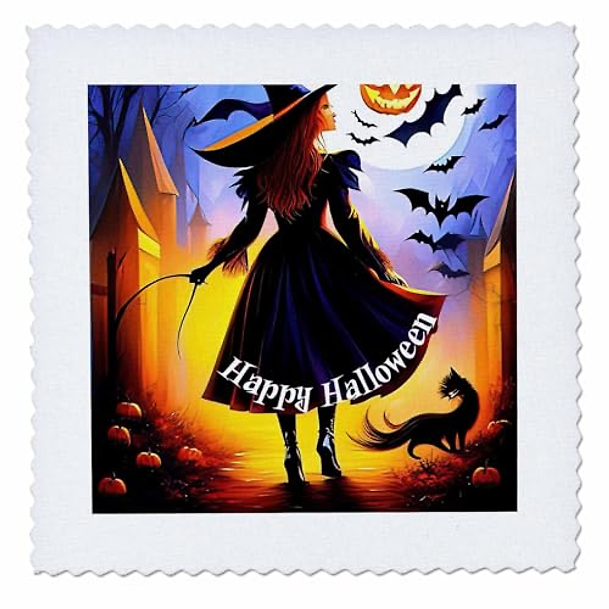 3dRose Witch Lady, Black cat, Bats, Pumpkins Fairy City. Happy... - Quilt Squares (qs-378863-2)