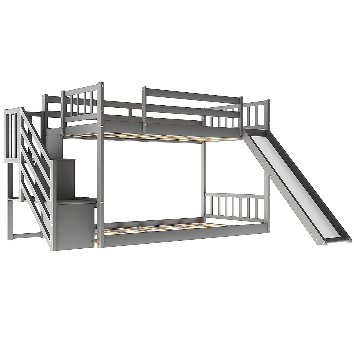 Twin Over Twin Bunk Bed with Slide and Storage Staircase, Twin Size Bunk Bed for Kids, Teens, No Box Spring Needed (Gray, Twin Over Twin)