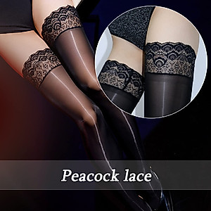 RUIBAVYA Shiny Thigh High Stockings 5D Peacock Lace Silicone Silk Stockings Sheer Thigh High Nylon Stay Up