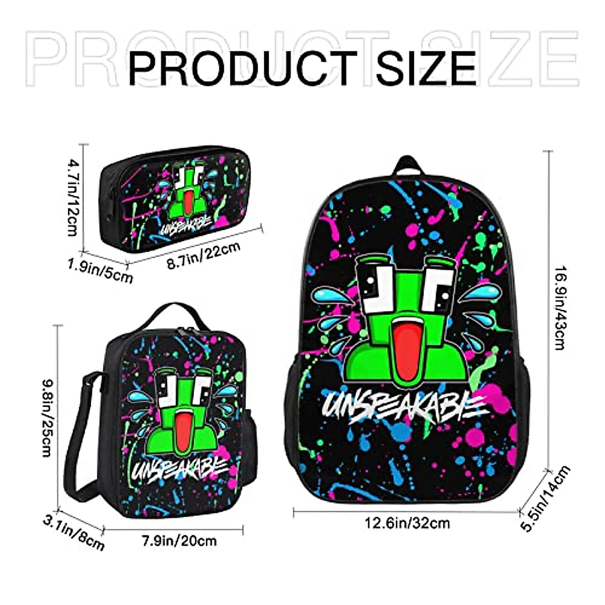 cwixnao Cartoon Backpack 3PCS Backpack Set 17inch School Backpacks with Lunch Bag Pencil Case Fans Gift for Boys Girls Students, rainbow Splash