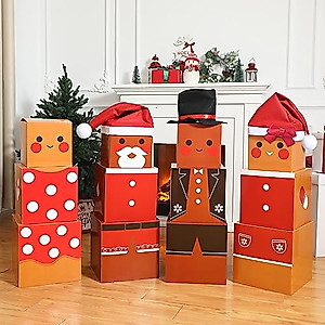 Funtery 16 Pcs Christmas Gingerbread Man Gift Box Xmas Stacking Boxes with Hats Christmas Nesting Boxes with Red Bow, Christmas Hat, Top Hat Decorative for Gift Present Wrapping Party Favors