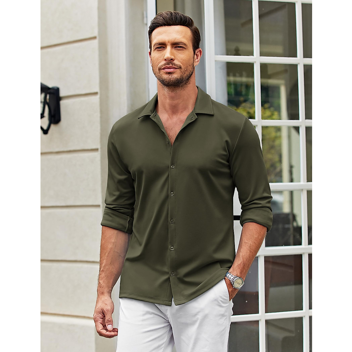 COOFANDY Men Long Sleeve Button Up Shirts Summer Lightweight Slim Fit Dress Shirts Army Green