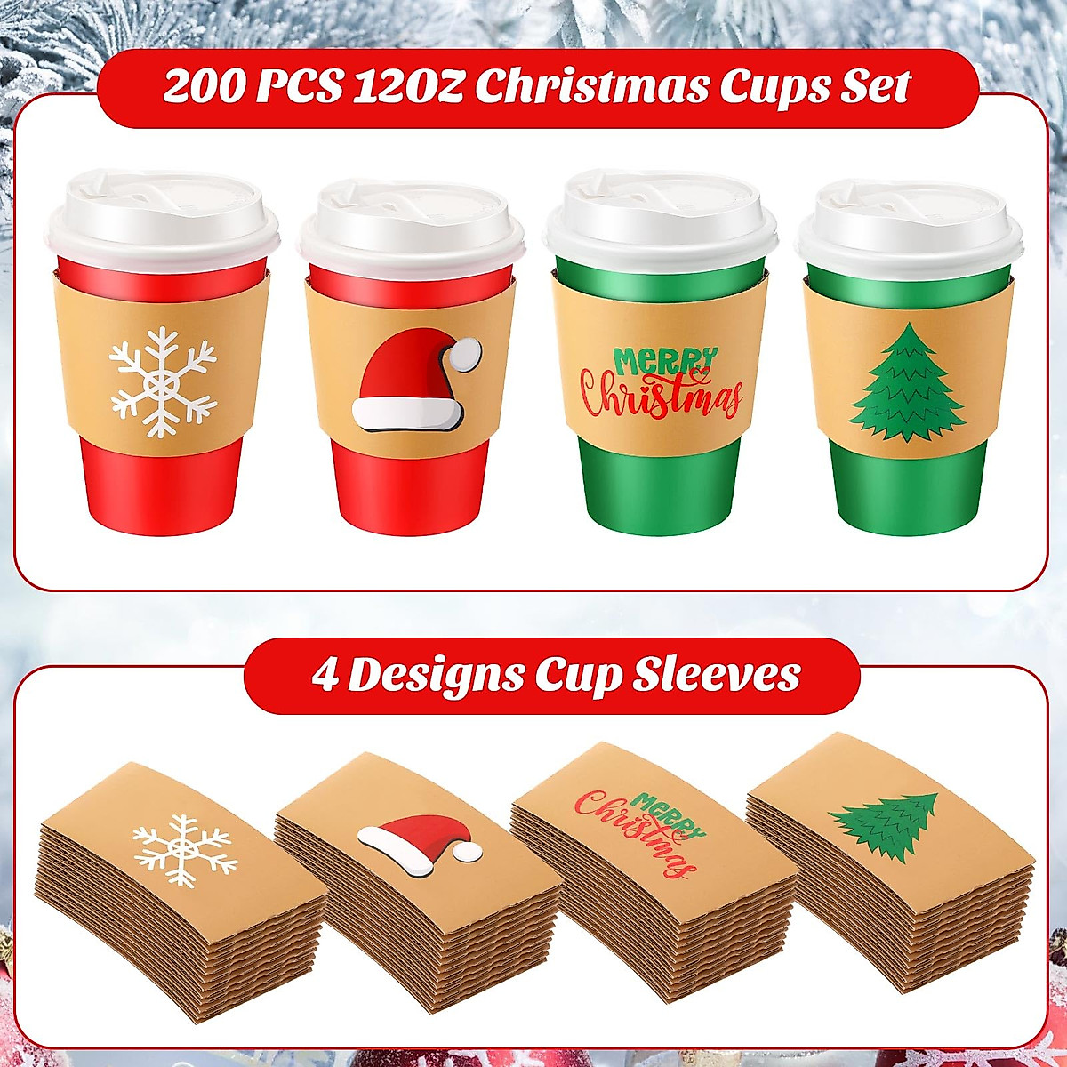 Ziliny 200 Pack 12 oz Christmas Cups with Lids and Coffee Cup Sleeves Red Green Disposable Christmas Paper Coffee Cups for Beverage Chocolate Tea Cocoa Xmas Holiday Table Decorations Party Favors
