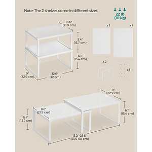 SONGMICS Spice Rack, Cabinet Shelf Organizers, Shelf Organizer, Countertop Organizer, Shelf Riser, Stackable, Expandable, Set of 4 Metal Kitchen Counter Shelves, White UKCS006W01