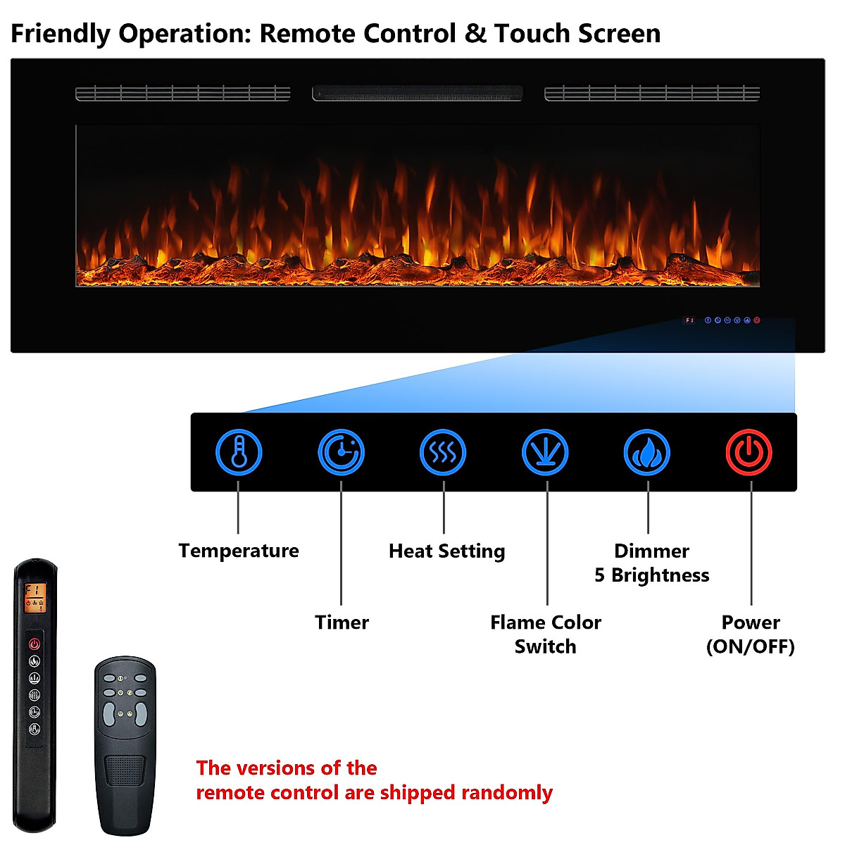 Dreamflame Electric Fireplace 50inches, Wall-Mounted & Recessed Fireplace Inserts, Multicolor Flame w/5 Dimmer, Remote Control Thermostat, Timer, Overheating Protection, Hardwire Connect, 1500W,Black