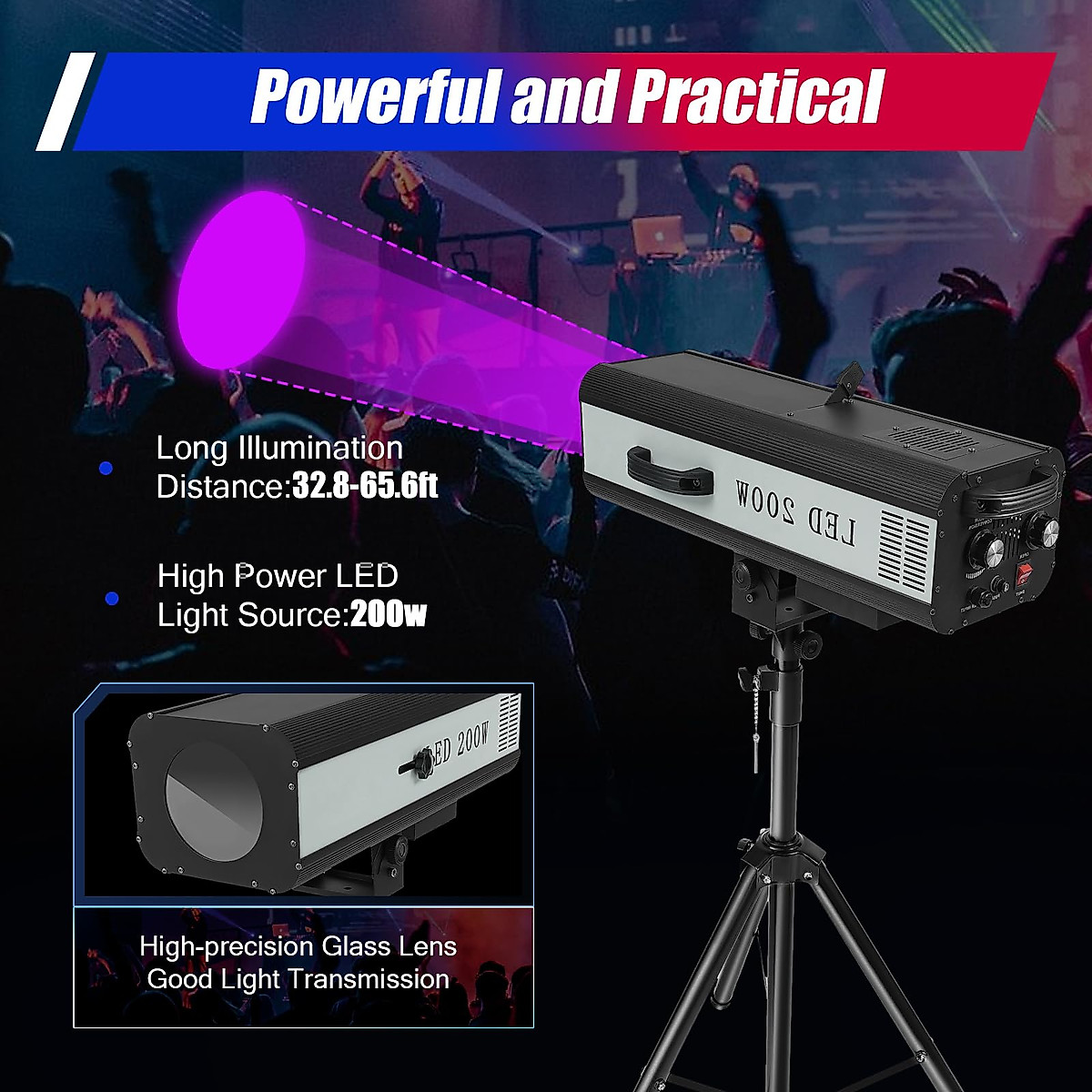 DJ Led Lighting Follow Spot 200W LED Follow Spotlight with Tripod Stand Stage Follow Spot Light Manual Control for Disco Party Clubs Stage Effect