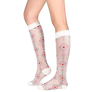 Benefeet Sox Womens Girls Cute Lace Knee High Socks Purple Sheer Mesh Knee High Stockings Transparent See Through Ultra Thin Silk Fancy Flower Patterned Printed Long Stocking Socks, Purple Floral