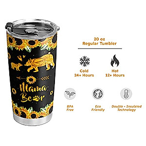64HYDRO 20oz Mama Bear Unique Birthday Gifts for Women, Wife, Mom, Daughter, Friends, Valentines Day Gifts for Her, Inspirational Gifts Mother Bear Tumbler Cup, Insulated Travel Coffee Mug with Lid