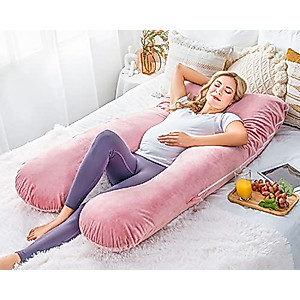 Meiz Pregnancy Pillows, U Shaped Pregnancy Pillows for Sleeping, Full Body Maternity Pillow for Pregnant Women with Machine Washable Velvet Cover, Pink