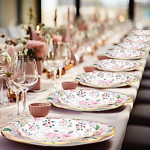 Pickmesh 60 Pack Floral Paper Plates 9 in and 7 in Flower Party Plates Pink Disposable Dessert Plates Wedding Plates Gold Foil Edge Tea Party Plates for Birthday Baby Shower Bridal Party Decor