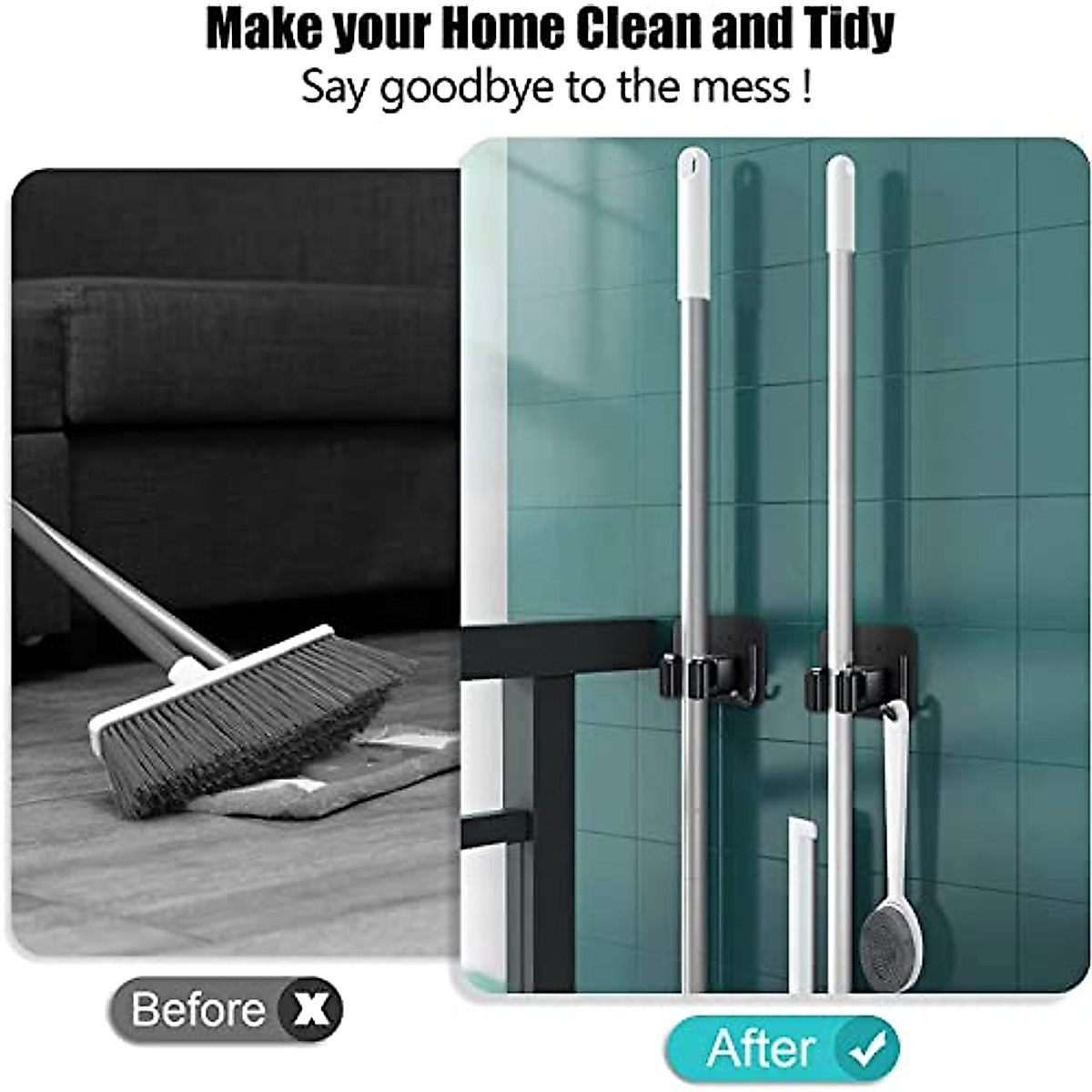 Mop Broom Holder, Fydesion 4 Pcs SUS304 Stainless Steel Mop Holder Broom Holder Wall Mounted Tool Rack for Bathroom Kitchen Office Closet Garden Garage, Self-adhesive and Screw Installation Ways, Black