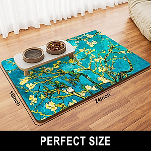 TMOODEL Dog Food Mat, 16"x24" Flower Dog Mat for Food and Water, Absorbent Dog Cat Bowl Mat Protect Floors, Cute Cat Food Mat for Feeding & Watering Supplies, Pet Feeding Mat for Pet Supplies, Green