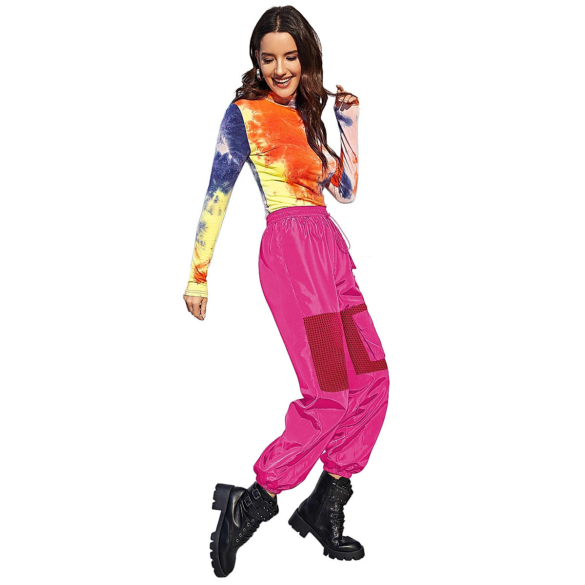 Floerns Women's High Waisted Sporty Drawstring Mesh Paneled Cargo Pants Hot Pink M