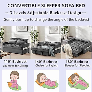 Gagawin Convertible Sofa Bed, 3-in-1 Pull Out Sleeper with 2 Pillows and Side Pockets, Soft Velvet Futon Loveseat Pull Out Bed Couch for Living Room, No.1-Gray