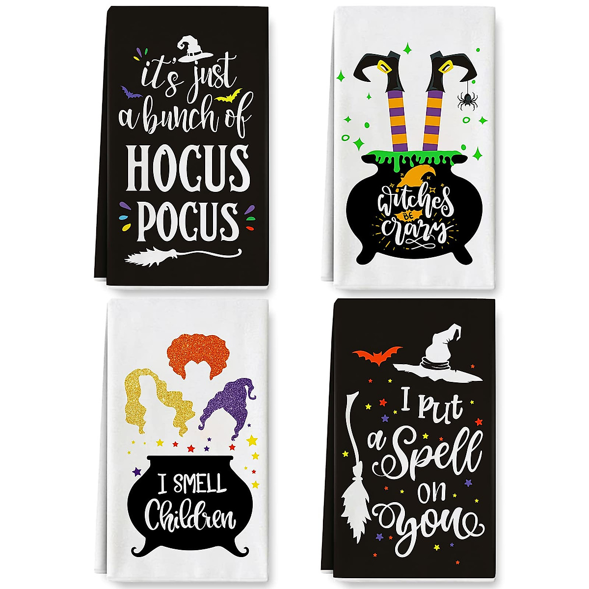 AnyDesign Halloween Kitchen Towel White Black Hocus Pocus Tea Towel 18 x 28 Inch Witches Theme Hand Drying Cloth Washable Decorative Dishcloth for Home Kitchen Bathroom Cooking, 4 Pack