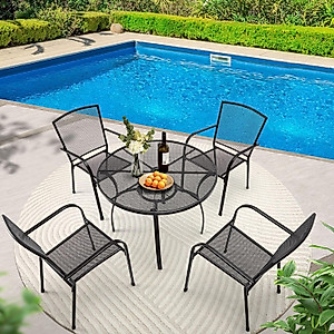 AECOJOY Metal Patio Table with Umbrella Hole, Outdoor Dining Table Steel Round Outside Table, Weather-Resistant Table 37 Inch for Lawn Backyard Garden Porch Bistro Dark Grey