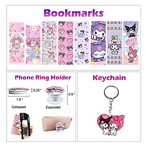 FETELAZ Cute Melody Kuromi Accessories School Supplies, Including Notebook Pencil Case Pens Stickers Button Pins Lanyard Keychain Ruler Bookmarks Phone Ring Holder