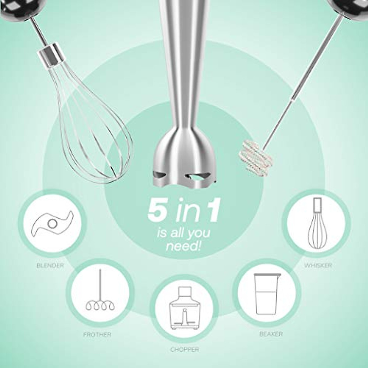 CHEFX 5-in-1 Immersion Blender - 9 Speed Ultra Powerful Stainless Steel Hand Mixer for Kitchen - Electric Handheld Stick Frother - Chop/Grind/Whisk/Froth/Blend - Turbo Mode - Food Grinder + Container