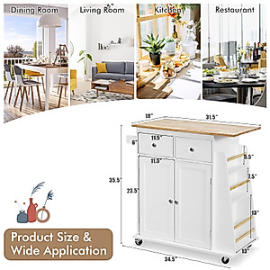 COSTWAY Kitchen Island on Wheels, Utility Trolley Cart with Adjustable Shelf, 2 Drawers, 3-Tier Spice Rack, Towel Rack, 2-Door Cabinet, Rubber Wood Countertop, Lockable Casters for Dining Room (White)