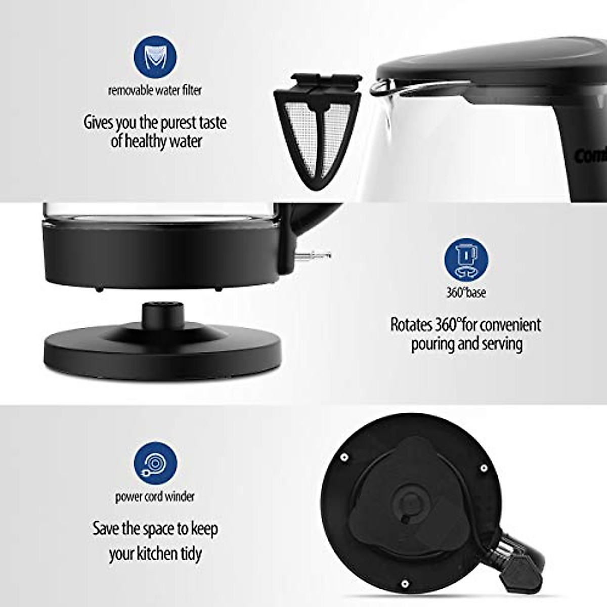 COMFEE' Glass Electric Tea Kettle & Hot Water Boiler(BPA-Free), 1.7L, Cordless with LED Indicator, 1500W Fast Boil, Auto Shut-Off and Boil-Dry Protection