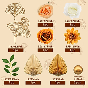 10PCS Boho Cake Topper Flower Cake Topper Gold Palm Leaves Cake Decorations with Artificial Cotton Rose Ginkgo Leaves and Balls for Birthday Party Wedding Baby Shower Boho Themed Party Supplies