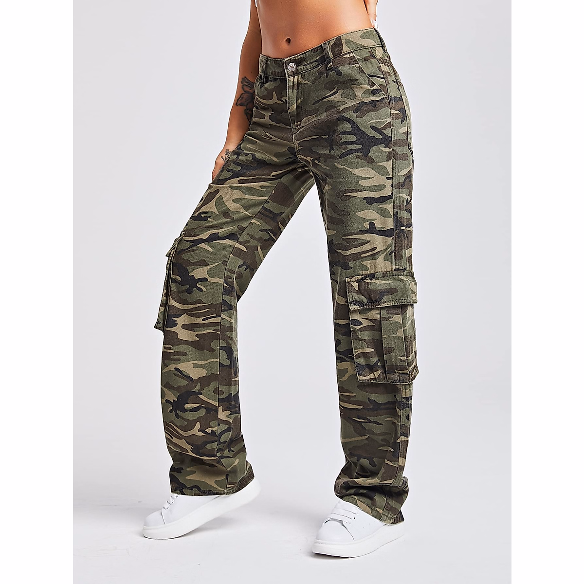 WDIRARA Women's Camo Print Cargo Baggy Jeans High Waist Wide Leg Denim Army Pants Army Green Camouflage L