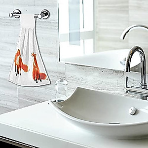 Red Fox Hanging Kitchen Towels Valentine Day Hand Towel 2PCS Dish Cloth Tie Towel Absorbent Oven Stove Washcloth with Loop for Bathroom Home Decorative