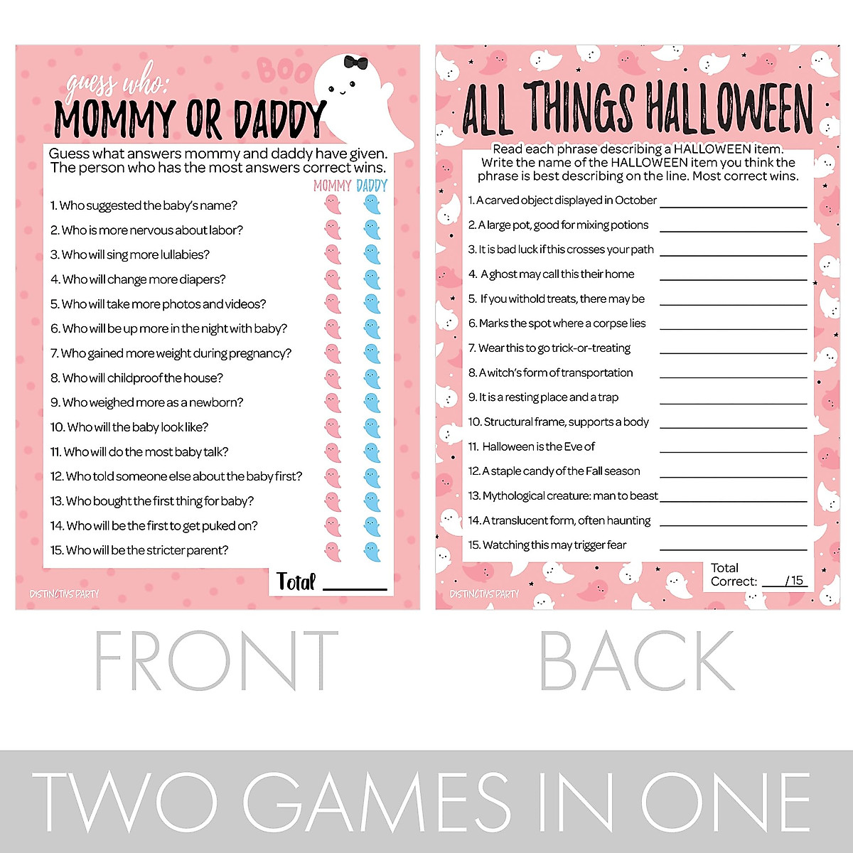 Pink A Little Boo is Almost Due Girl Baby Shower Games, Guess Who and All Things Halloween Matching Game (2 Game Bundle) - 20 Cards, Halloween Baby Shower