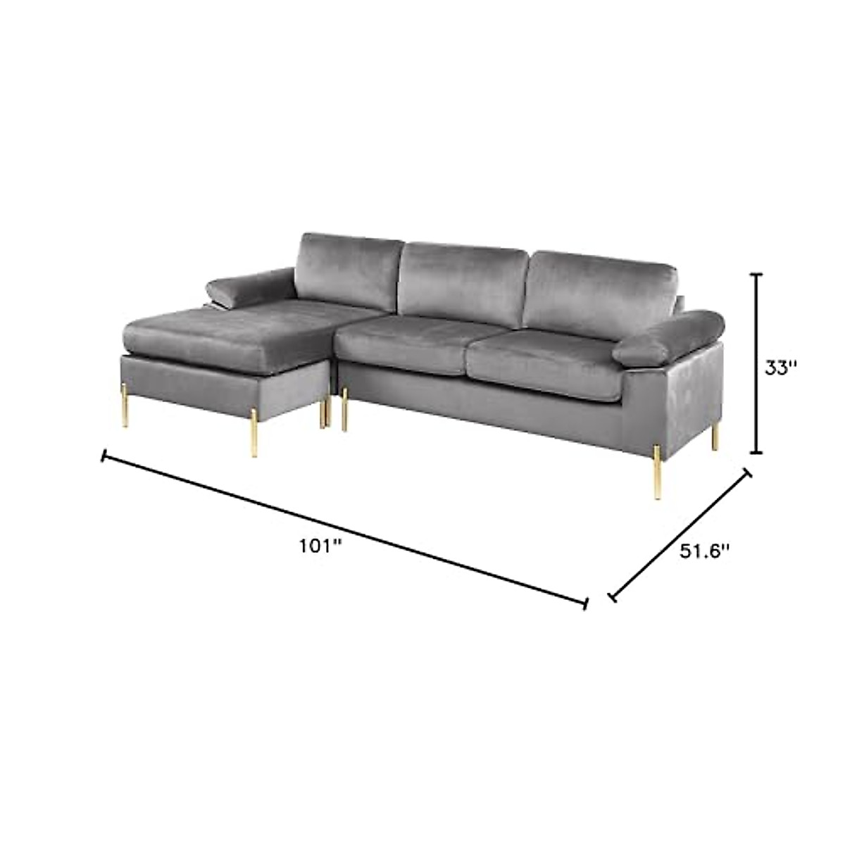 Prohon L-Shaped Sectional Sofa with Velvet Chaise & Gold Metal Legs, Mid-Century Style Modular Couch w/Removable Pillow Arms and Back for Living Room, Bedroom, Office, Gray