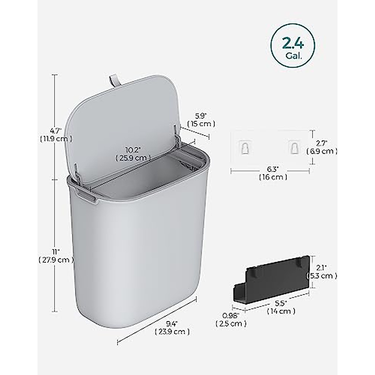 SONGMICS Hanging Trash Can, 2.4-Gallon Kitchen Trash Can with Lid for Food Waste, Wall Mounted Trash Can, Hanging or Sticking on Cupboard Door, for Kitchen Cabinet, Under Sink, Gray ULTB820G9