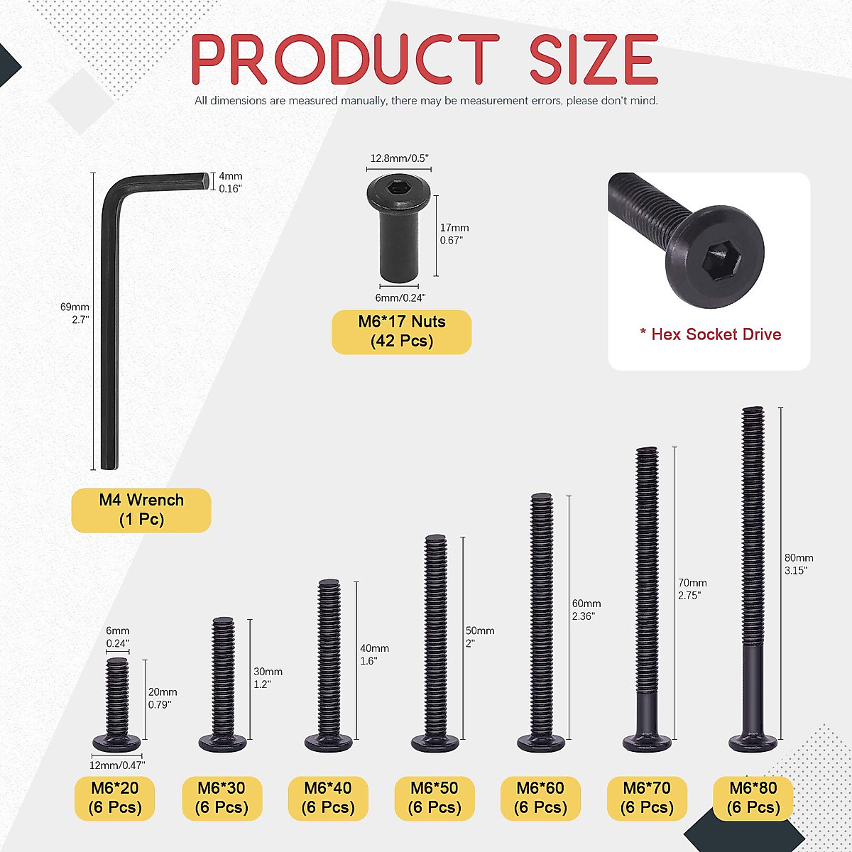 Hilitchi 84Pcs M6 Hex Drive Socket Cap Bolts Kit Countersunk Head Screws Bolts Dowel Barrel Nuts Crib Bolts Nuts Assortment Kit for Furniture Hardware Fitting (20/30/40/50/60/70/80mm)