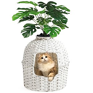 SETVSON Cat Litter Box Plant Furniture Hidden Cat Litter Box with Artificial Plants, Handwoven Rattan Cat Litter Box Enclosure with Cat Litter Box, Enclosed Plant Cat Litter Box in Living Room (White)