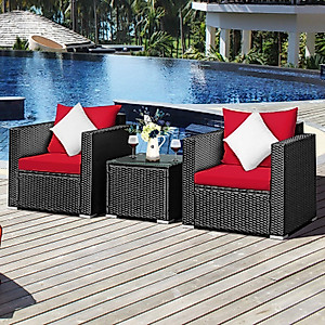 Tangkula 3 Pieces Patio Furniture Set, PE Rattan Wicker Sofa Set w/Washable Cushion and Tempered Glass Tabletop, Outdoor Conversation Furniture for Garden Poolside (Red)