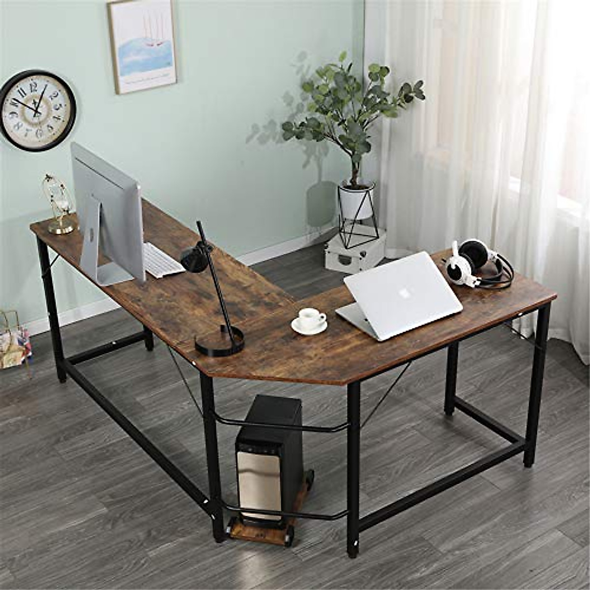 XICA L Shaped Computer Desk with Computer Case Stand for Home and Office (Dark Wood)