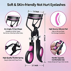 Eyelash Curlers Kit for Women w Lash Curler, Eyelash Comb Seperator, 3 in1 Mascara Brushes, Eyelash Extension Tweezers, Foldable Eyebrow Brush and Comb, 10 Silicone Refills Pads for Natural Eyelashes